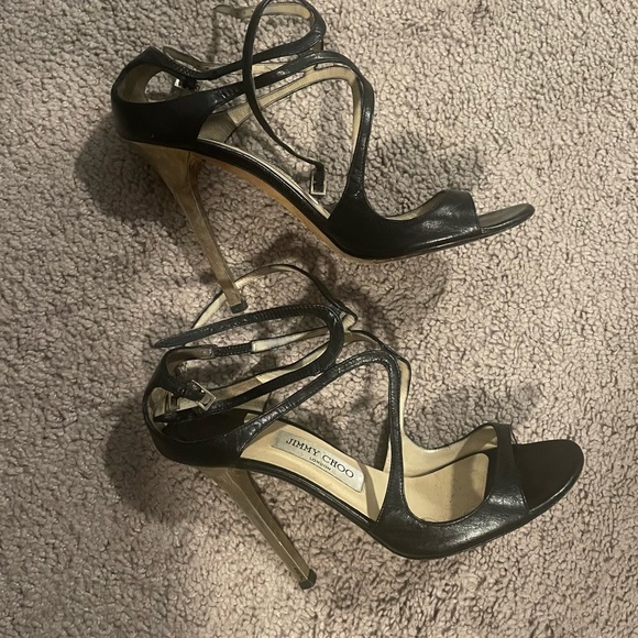 Jimmy Choo | Shoes | Authentic Jimmy Choo Black With Gold Heel Sandal ...